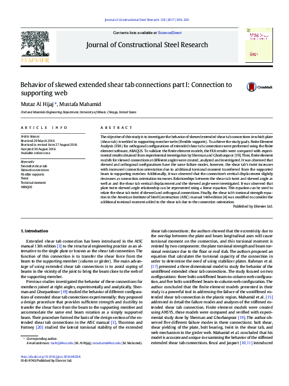 (PDF) Behavior of Skewed Extended Shear Tab Connections