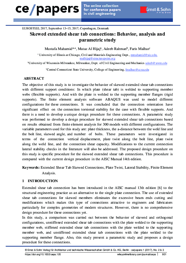 (PDF) Skewed Shear Tab Connections: Analysis & Design