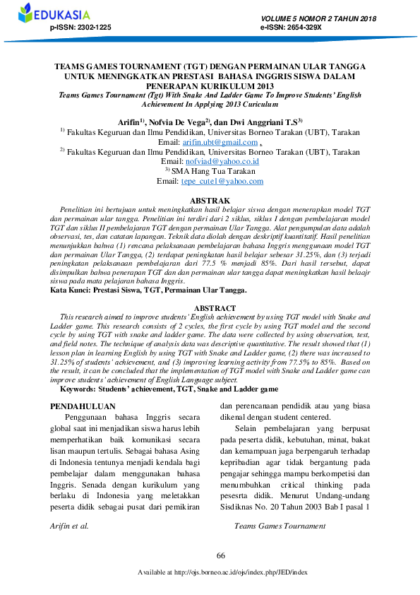 (PDF) Teams Games Tournament (TGT) Dengan Permainan Ular Tangga Untuk Meningkatkan Prestasi ...
