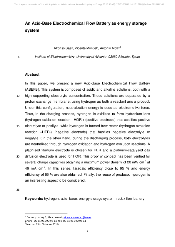 (PDF) An Acid-Base Electrochemical Flow Battery as energy storage system