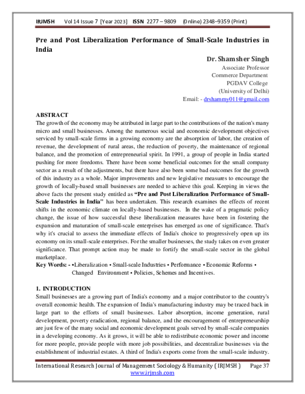 (PDF) Impact of Liberalization on Small-Scale Industries