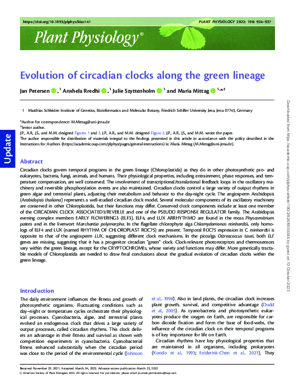 (PDF) Evolution of circadian clocks along the green lineage