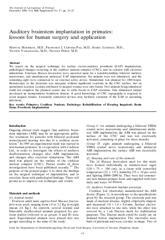 (PDF) Auditory brainstem implantation in primates: lessons for human ...