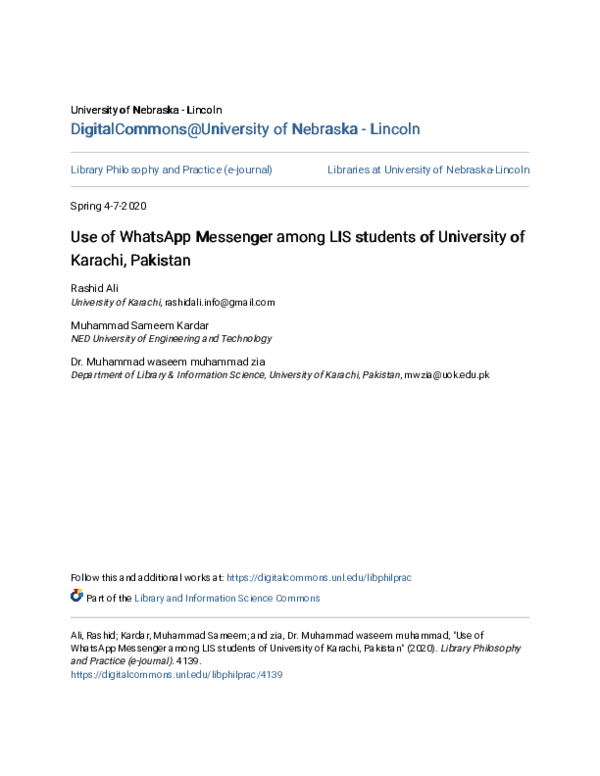 (PDF) Use of WhatsApp Messenger among LIS students of University of Use ...