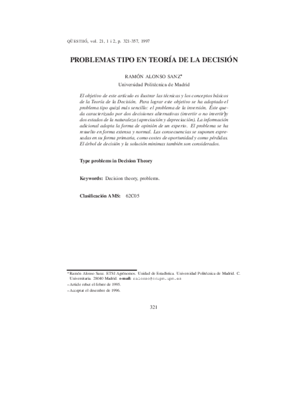 (PDF) Problemas tipo en teoría de la decisión