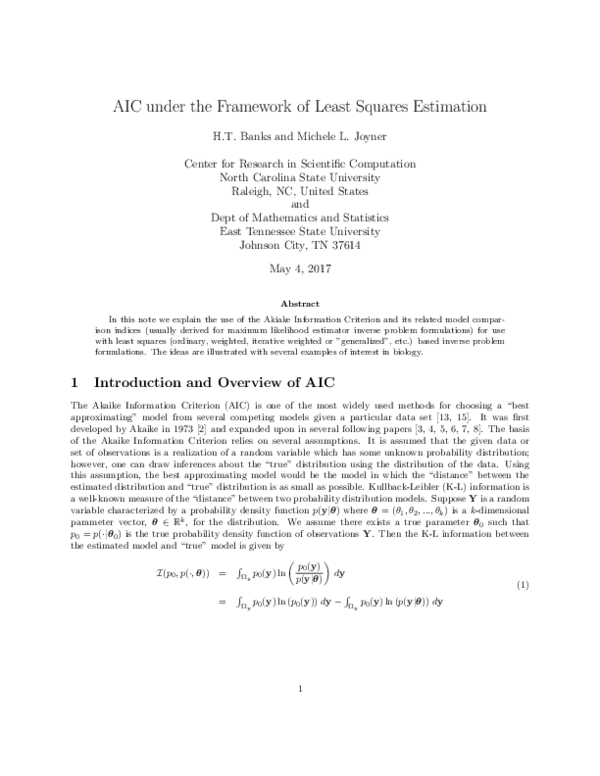 (PDF) AIC under the framework of least squares estimation | Michele Joyner - Academia.edu