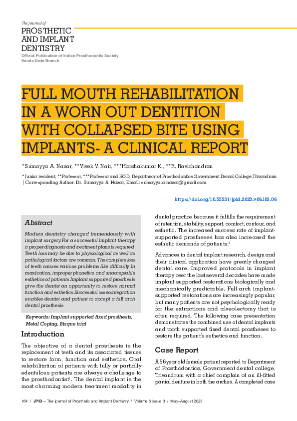 (PDF) Full mouth rehabilitation in a worn out dentition with collapsed ...
