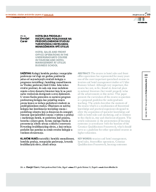 (PDF) Hotel Sales and Front Office Operations in the Undergraduate ...