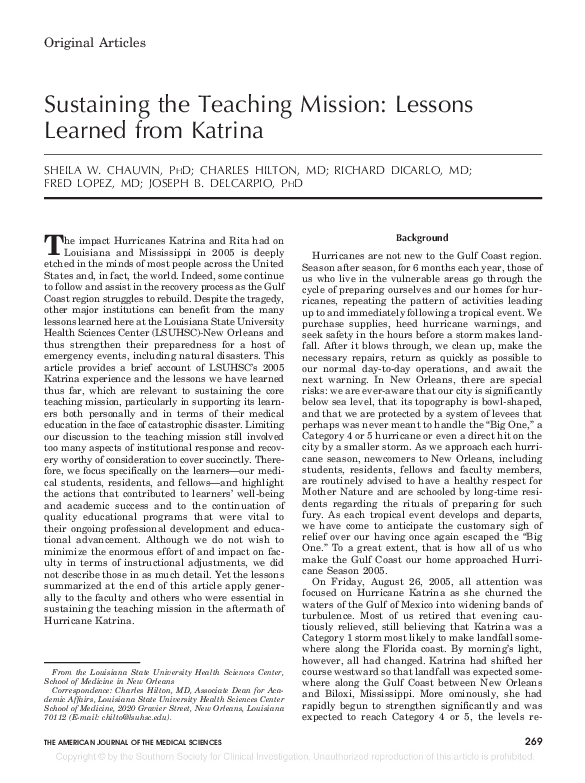 (PDF) Sustaining the Teaching Mission: Lessons Learned from Katrina