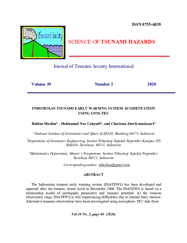 (PDF) Indonesian Tsunami Early Warning System Augmentation Using GNSS-Tec