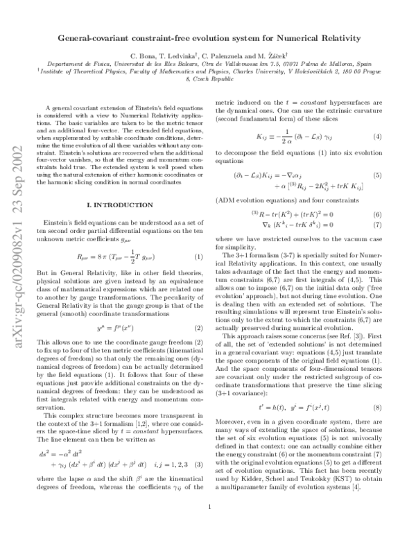 (PDF) General-covariant constraint-free evolution system for Numerical Relativity | Carles Bona ...