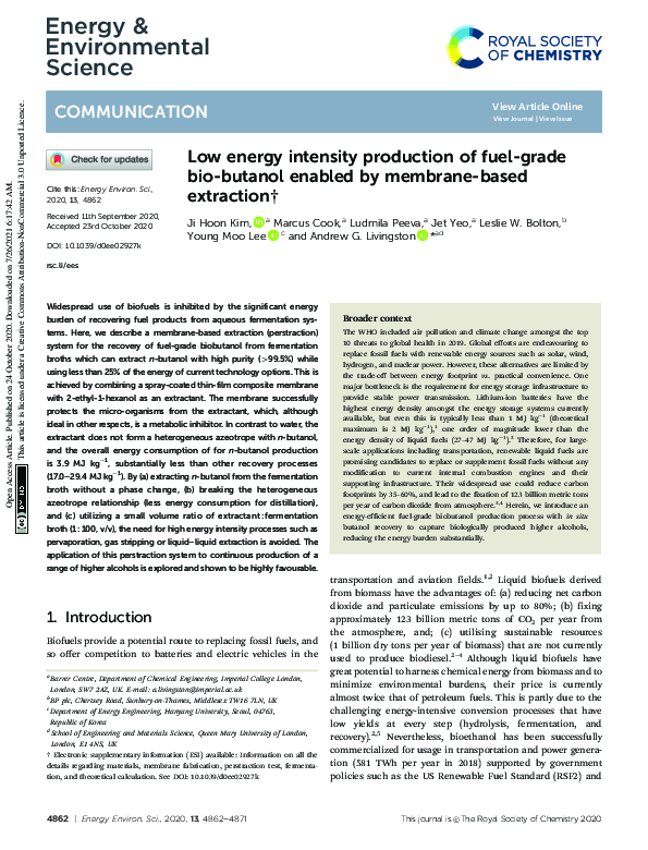 (PDF) Low energy intensity production of fuel-grade bio-butanol enabled ...