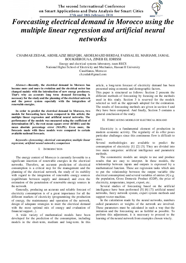 Pdf Forecasting Electrical Demand In Morocco Using The Multiple Linear Regression And