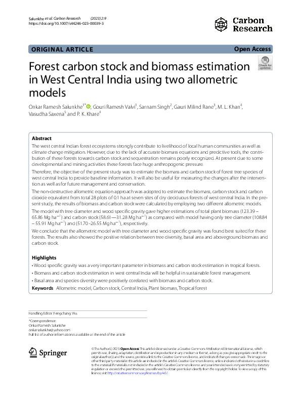 (PDF) Forest carbon stock and biomass estimation in West Central India ...