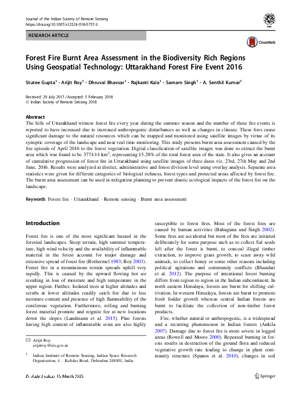 Pdf Forest Fire Burnt Area Assessment In The Biodiversity Rich Regions Using Geospatial