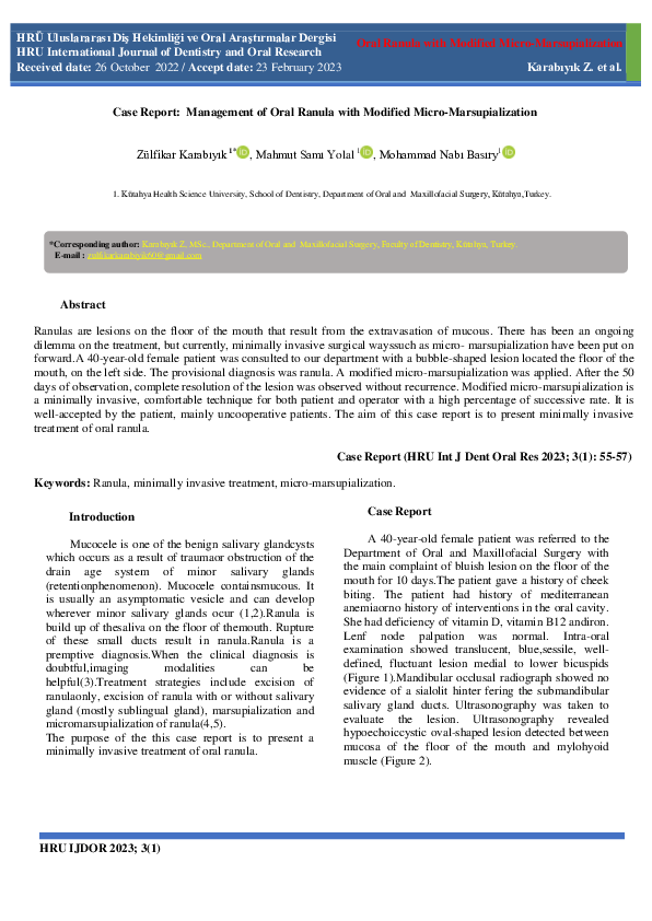 (PDF) Management Of Oral Ranula With Modified Micro-Marsupialization