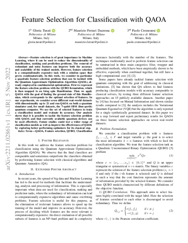 (PDF) Feature Selection for Classification with QAOA