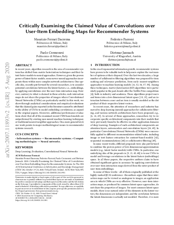 (PDF) Critically Examining the Claimed Value of Convolutions over User-Item Embedding Maps for ...