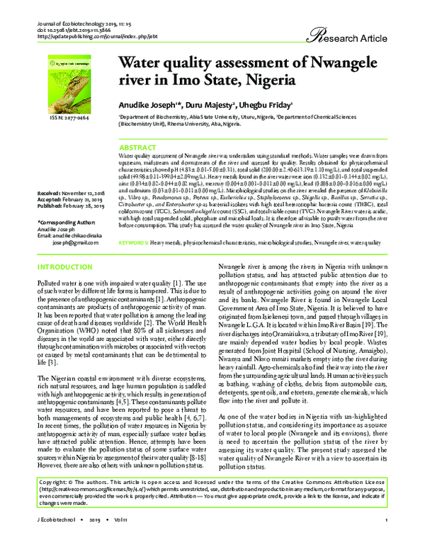 (PDF) Water quality assessment of Nwangele river in Imo State, Nigeria