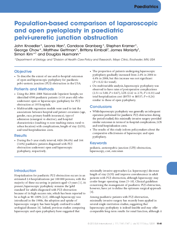 (PDF) Population-based comparison of laparoscopic and open pyeloplasty ...