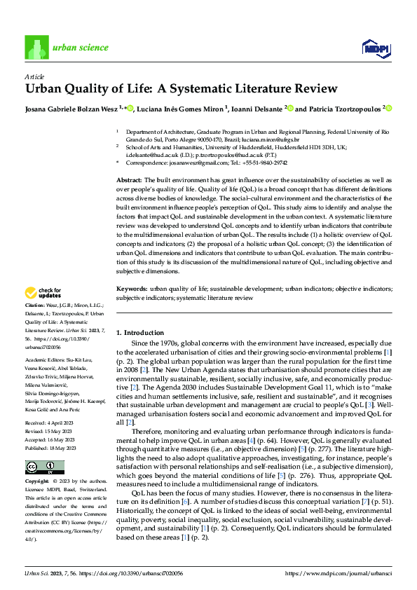 (PDF) Urban Quality of Life: A Systematic Literature Review