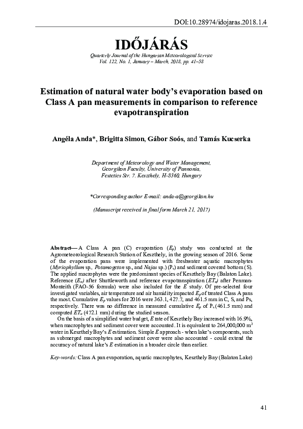 Pdf Estimation Of Natural Water Bodys Evaporation Based On Class A Pan Measurements In
