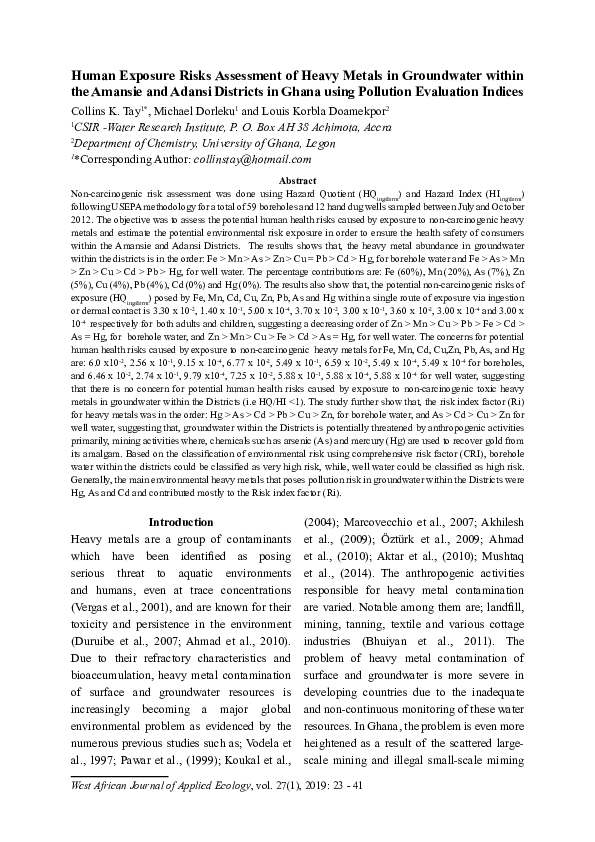 (PDF) Human Exposure Risks Assessment of Heavy Metals in Groundwater ...