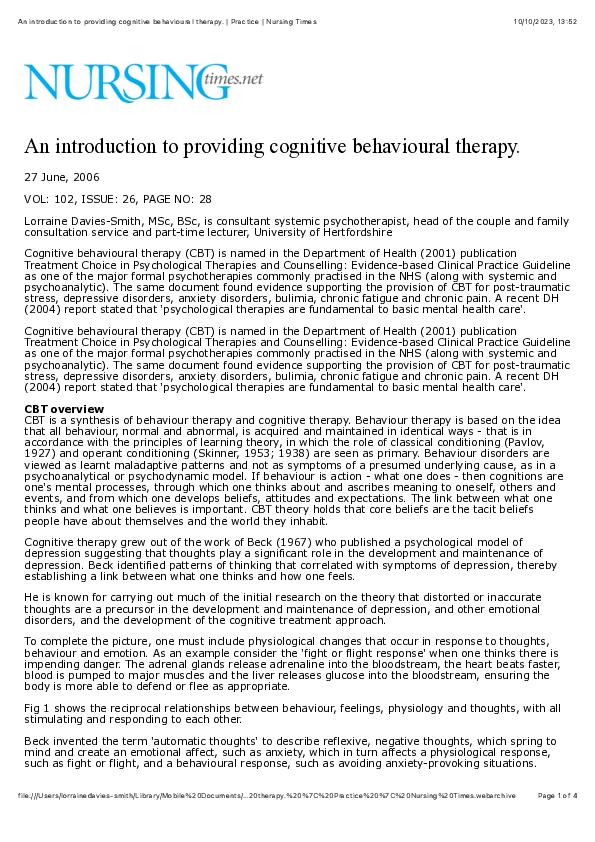 (PDF) An introduction to providing cognitive behavioural therapy