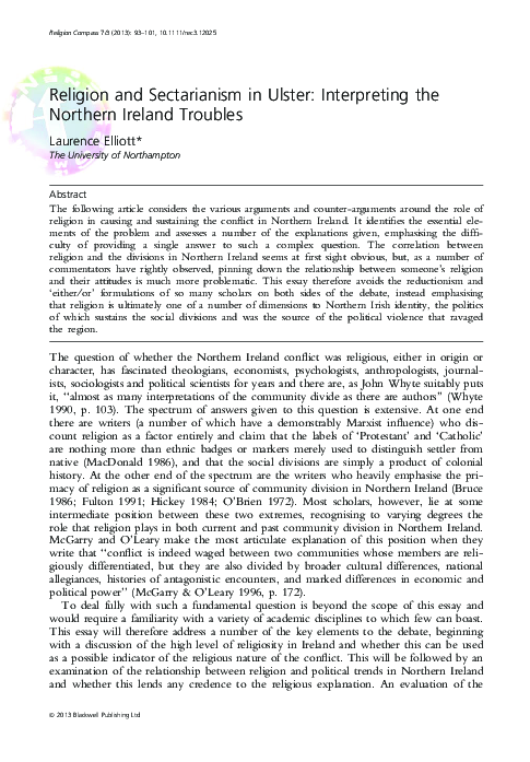 (PDF) Religion and Sectarianism in Ulster: Interpreting the Northern ...