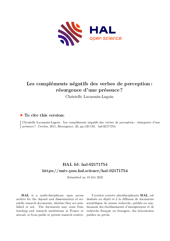 (PDF) Les compléments négatifs des verbes de perception : résurgence d ...
