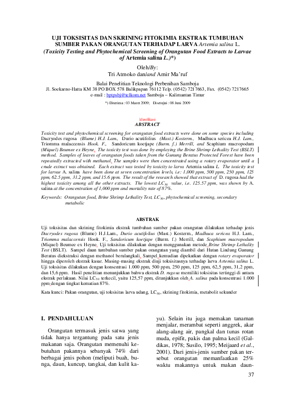 (PDF) Uji Toksisitas Dan Skrining Fitokimia Ekstrak Tumbuhan Sumber ...