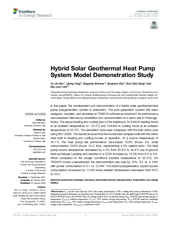 (PDF) Hybrid Solar Geothermal Heat Pump System Model Demonstration Study