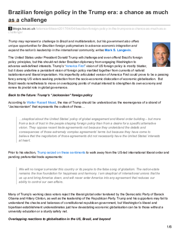 (PDF) Brazilian foreign policy in the Trump era: a chance as much as a ...