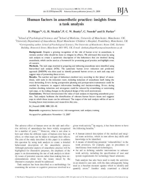 (PDF) Human factors in anaesthetic practice: insights from a task analysis