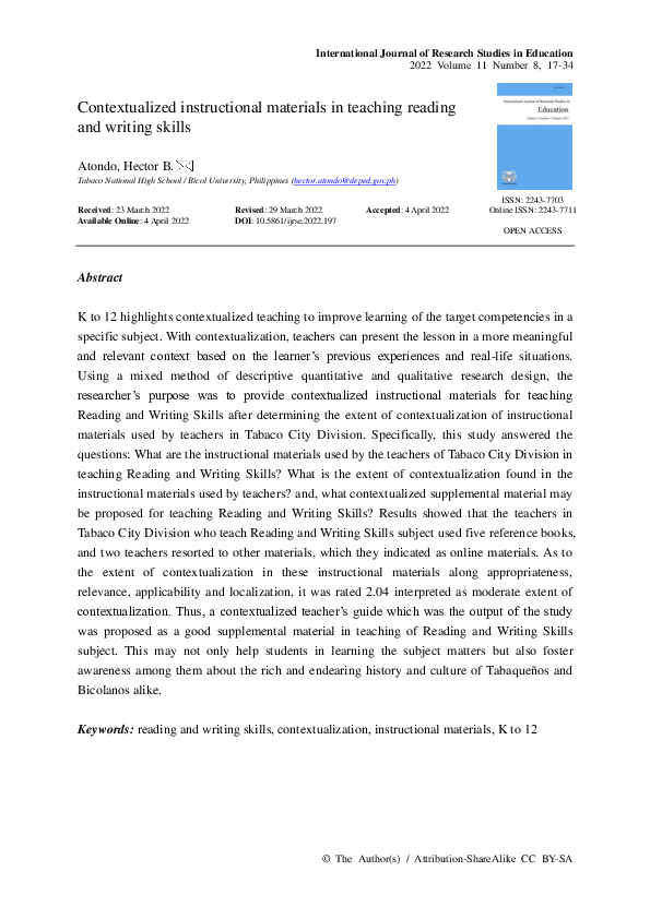 Pdf Contextualized Instructional Materials In Teaching Reading And Writing Skills