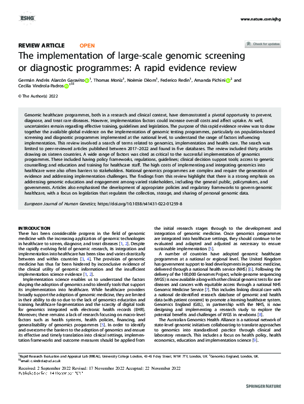 (PDF) The implementation of large-scale genomic screening or diagnostic programmes: A rapid ...