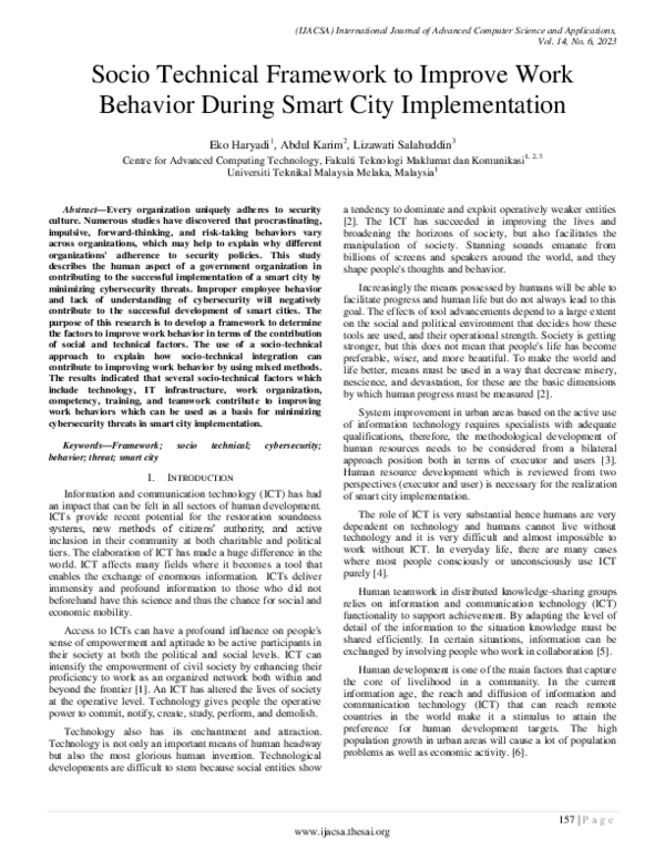 (PDF) Socio Technical Framework to Improve Work Behavior During Smart City Implementation