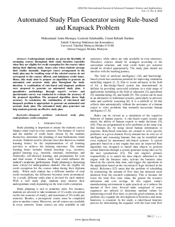 (PDF) Automated Study Plan Generator using Rule-based and Knapsack Problem