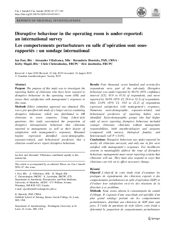 (PDF) Disruptive behaviour in the operating room is under-reported: an ...
