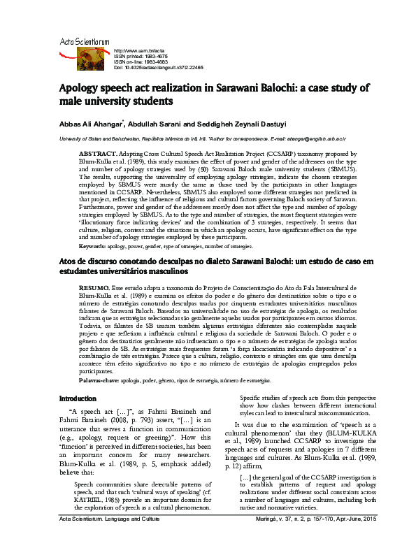 (PDF) Apology Speech Act Realization in the Sarawani Balochi Dialect: A ...