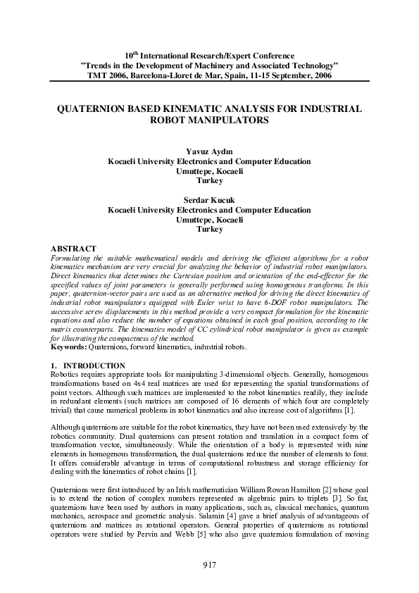 (PDF) Quaternion Based Inverse Kinematics for Industrial Robot Manipulators with Euler Wrist