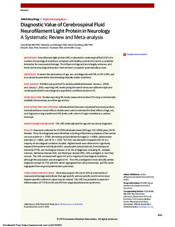 (PDF) CSF Neurofilament Light Protein in Neurology