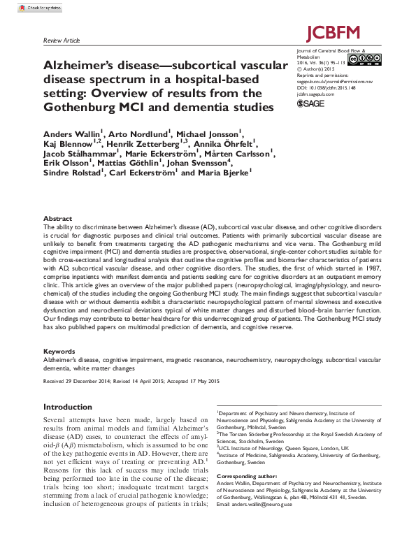 (PDF) Alzheimer’s disease—subcortical vascular disease spectrum in a ...
