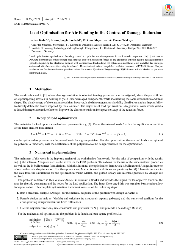 (PDF) Load Optimisation for Air Bending in the Context of Damage Reduction
