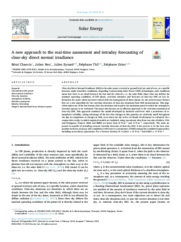 Pdf A New Approach To The Real Time Assessment And Intraday Forecasting Of Clear Sky Direct