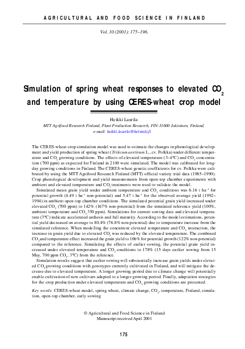 Pdf Simulation Of Spring Wheat Responses To Elevated Co2 And Temperature By Using Ceres Wheat