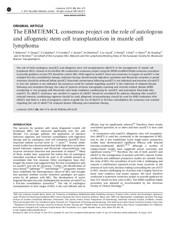 (PDF) The EBMT/EMCL consensus project on the role of autologous and ...