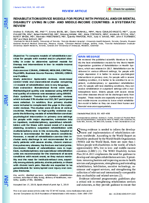 (PDF) Rehabilitation service models for people with physical and/or ...