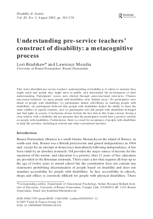 (PDF) Understanding pre‐service teachers’ construct of disability: a metacognitive process