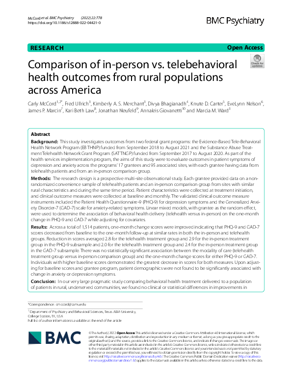 (PDF) Comparison of in-person vs. telebehavioral health outcomes from rural populations across ...